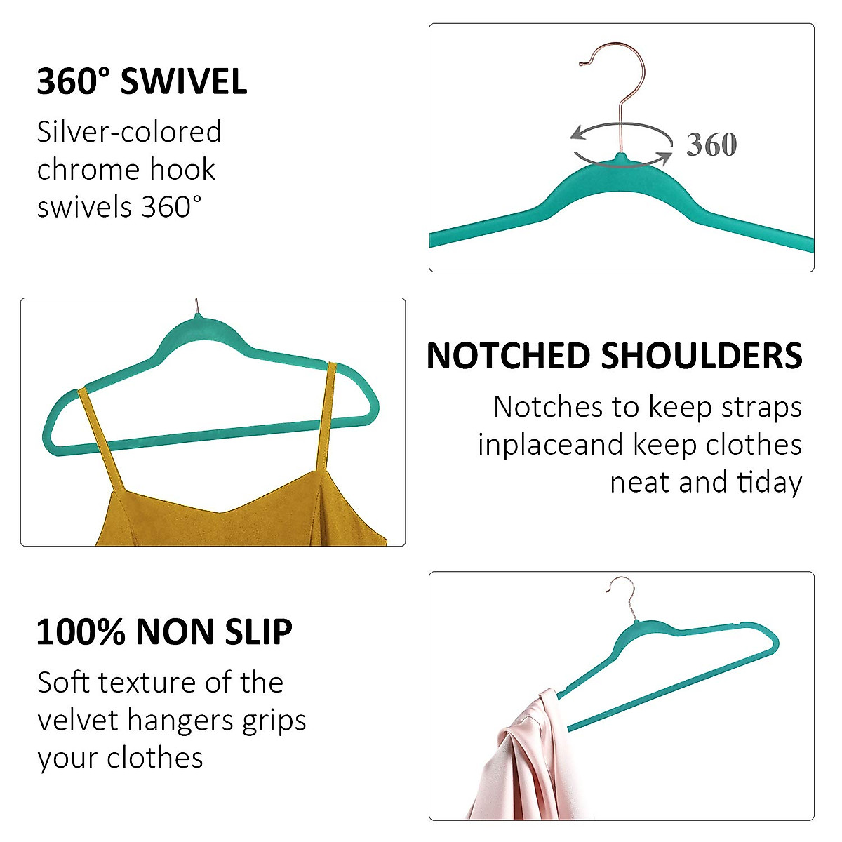 VECELO Premium Velvet Clothes Hangers Suit Heavy Duty (100 Pack)-Non Slip & Space-Saving with 12 Finger Clips & 2Tie Rack Excellent for Men and Women,Teal