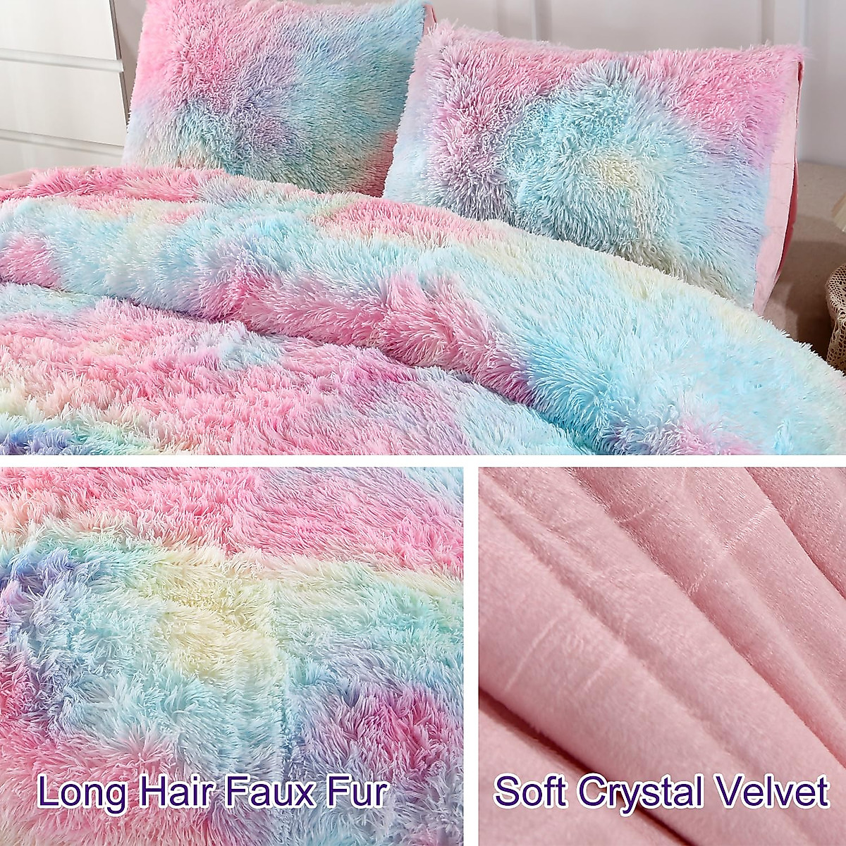 WINLIFE Faux Fur Comforter Set Twin Size for Girls Bedding Plush Shaggy Comforter Sets Gradient Ombre Tie Dye Bed Set Fuzzy Furry Long Hair Fluffy Comforter (3Pcs, Twin, Rainbow)
