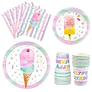 WERNNSAI Ice Cream Plates Napkins and Cups - Ice Cream and Popsicle Theme Party Supplies for Girls Birthday Disposable Tableware Dessert Plates Luncheon Napkins Serves 16 Guests 64PCS