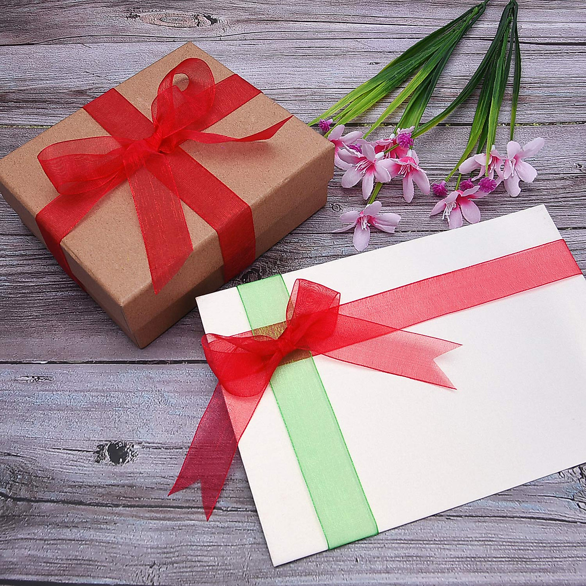 Livder 4 Rolls 4/5 Inch in Width Christmas Metallic Glitter Organza Ribbons Golden, Silvery, Red, Green Ribbon for Gift Wrapping, Christmas Tree Room Decoration