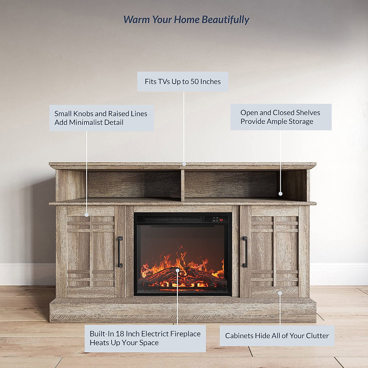 BELLEZE 48" TV Stand with 18" Electric Fireplace Heater, Modern TV Stand for TVs up to 50", Entertainment Media Stand with Open Shelves and Storage Cabinets for Living Room, Bedroom (Ashland Pine)