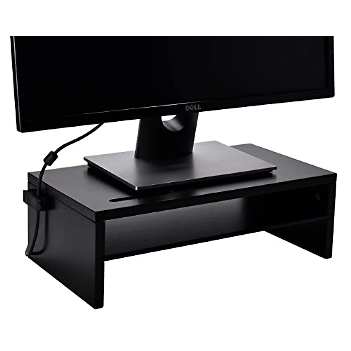 Monitor Stand - Two Tier Wood Desk Shelf for Monitor, Printer or Desktop Computer. Cable Management, Phone Slot and Removable Shelf for Organizing Office Accessories. (Black)