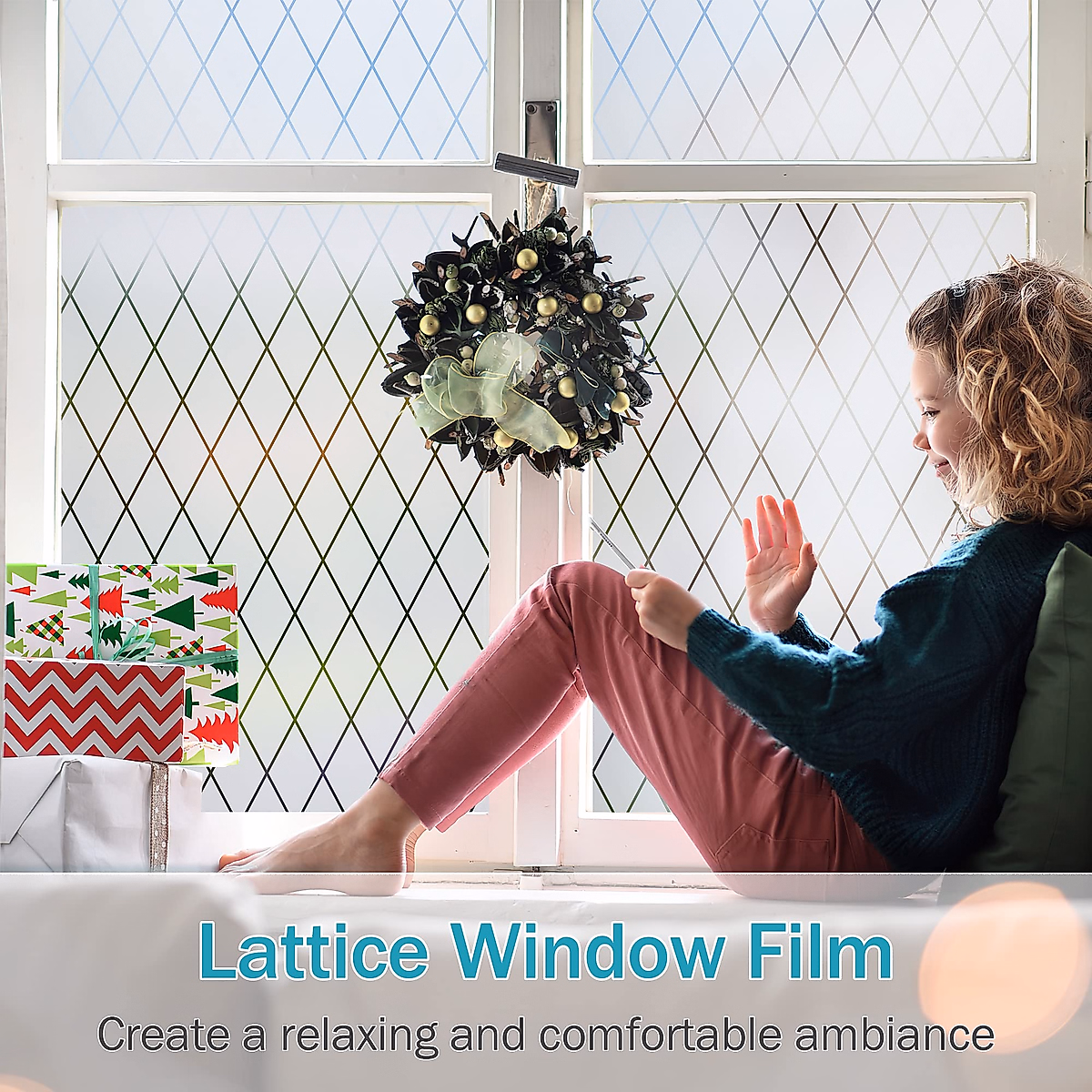 VELIMAX Lattice Frosted Window Film Window Privacy Film Static Cling Window Vinyl Opaque Glass Sticker Non Adhesive Anti-UV 17.7x78.7 inches