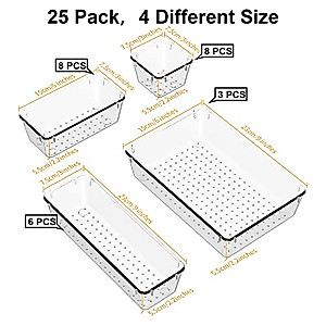 25 PCS Drawer Organizer Set Clear Plastic Acrylic Organizers Desk Drawer Dividers Trays 4 Different Sizes Large Capacity Bathroom Drawer Organizer for Makeup, Jewelries, Kitchen Utensils and Office