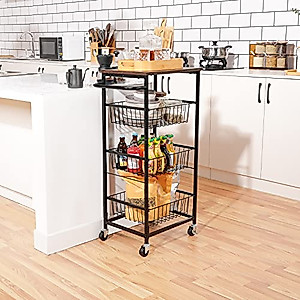 LEGUANG Kitchen Storage Rolling Cart on Wheels, 4 Tier Metal Rolling Utility Carts Microwave Rack with Wooden Tabletop for Kitchen Island, Bathroom, Living Room(Black)