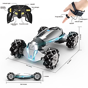 LOOZIX 1:10 Scale Gesture Sensing Rc Stunt Car, 4WD Remote Control Hand Controlled Transform , Double Sided Vehicle 360° Spins with Lights Music, All Terrains Monster Truck for Boys Kids