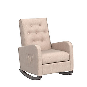 Antetek Modern Accent Rocking Chair, Upholstered Nursery Glider Rocker for Baby, Comfy Armchair with Side Pocket, Living Room Lounge Arm Chair, High Backrest with Headrest Shape Design (Light Beige)