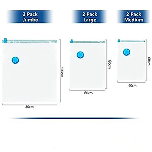 rabofly Premium Vacuum Storage Bags, 80% More Storage, 6 Pack (2 x Jumbo, 2 x Large, 2 x Small) Double Zip Seal for Duvets, Bedding, Pillows, Clothes, Quilts, Sweater, Comforters