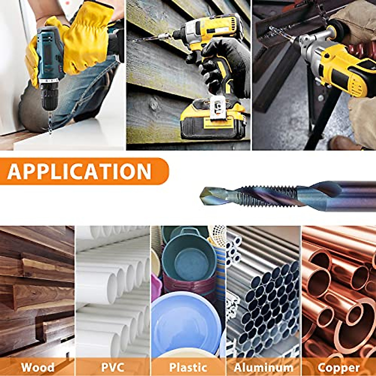 1/4 Inch Hex Shank Tap Drill Bit Set HSS Thread Spiral Combination Drilling Tapping Chamfering Metal Tools Bits Metric & Inch M3-M10, 6 Pcs