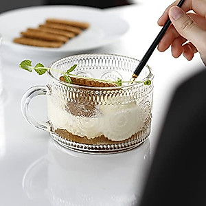 LUXU Vintage Glass Coffee Mugs 14oz Set of 4 Clear Glass Tea Cups,Stackable Glass Coffee Cups,Cute Coffee Bar Accessories,Iced Coffee Glasses,Clear Embossed Glass Cups for Cappuccino,Latte,Beverages