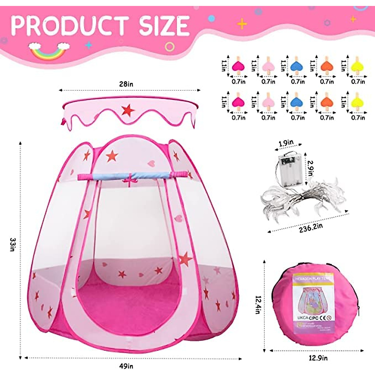 Pricess Tent, Kids Pop Up Tent with Star Light and Clip, Foldable Kids Princess Castle Playhouse Tent Indoor for Girls,Pink Indoor Outdoor 1 2 3 Year Old Girls Toy Gift for Birthday/Christmas