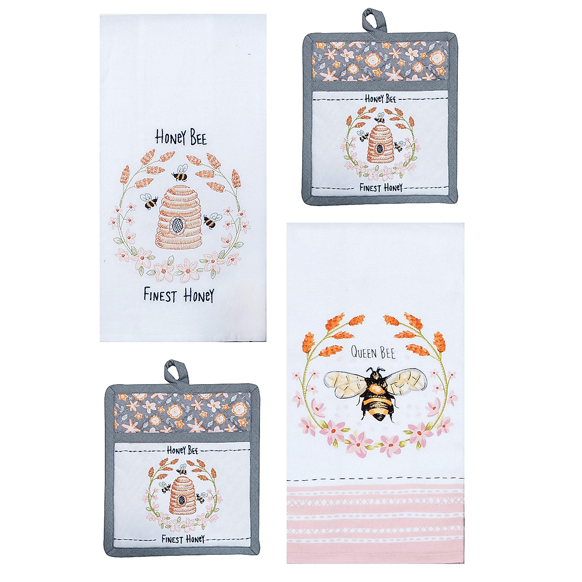 Kay Dee 4 Piece Honey Bee Pink and Gray Kitchen Towels Potholders Bundle