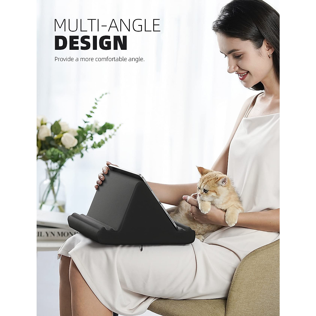 Lamicall Tablet Pillow Holder Stand - Tablet Pillow Soft Pad Dock for Lap, Bed and Desk with Pocket & 4 Viewing Angles, for 2022 iPad Pro 11, 12.9, Air, Mini, Kindle, 4-13" Phone and Tablet, Black