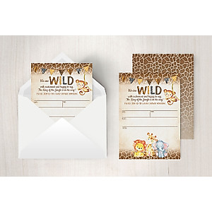 Jungle Safari Baby Shower Invitations - Safari Animal Invitation - 20 Fill-In Invitations and White Envelopes - Boy or Neutral Baby Shower Party - Monkey, Lion, Elephant, Giraffe