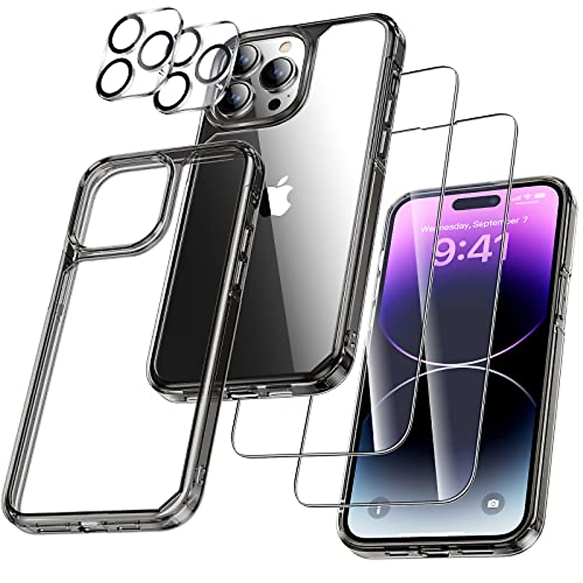 UniqueMe [5 in 1 Design for iPhone 14 Pro Max 6.7 inch Case, 2 Pack Screen Protector Tempered Glass + 2 Pack Camera Lens Protector, [Non-Yellowing] Shockproof Protective Cover - Clear Black