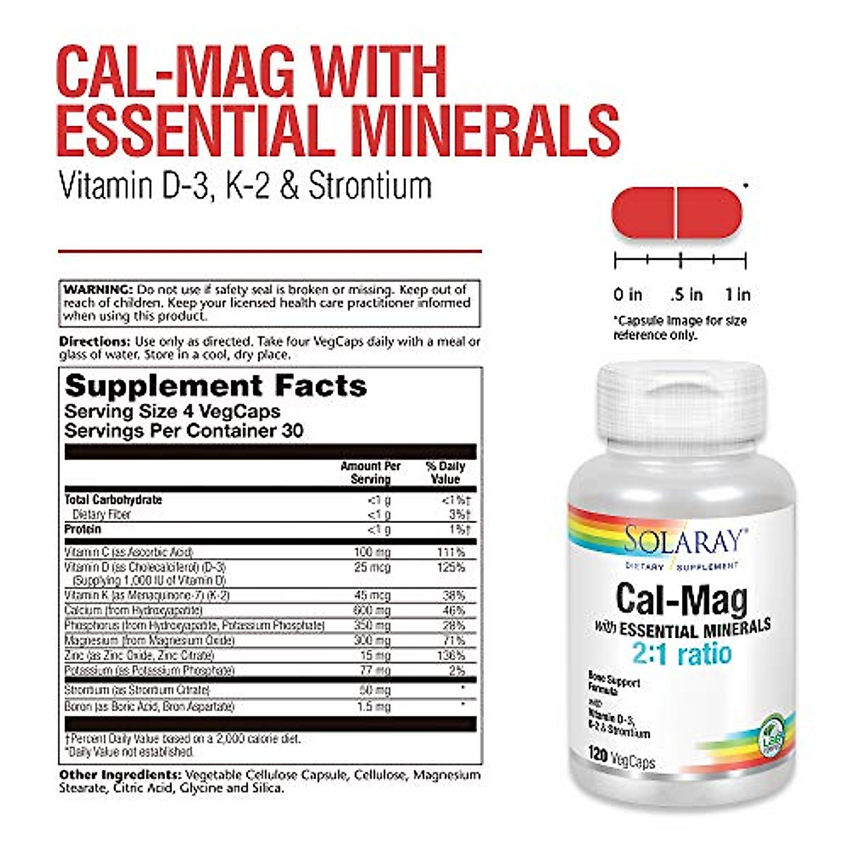 Solaray Cal-Mag with Essential Minerals | Calcium, Magnesium, Strontium, Vitamins D-3 & K-2 | 30 Serv | 120 VegCaps