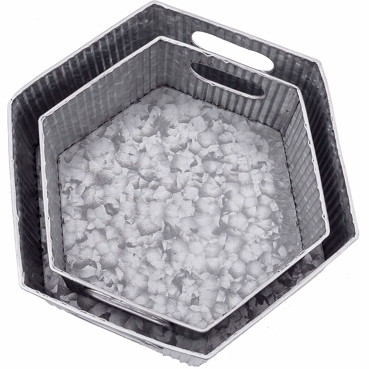 MyGift Rustic Corrugated Galvanized Silver Tone Metal Hexagonal Decorative Baskets, Home Storage Organizer Bins with Nesting Design and Cutout Handles, 2 Piece Set
