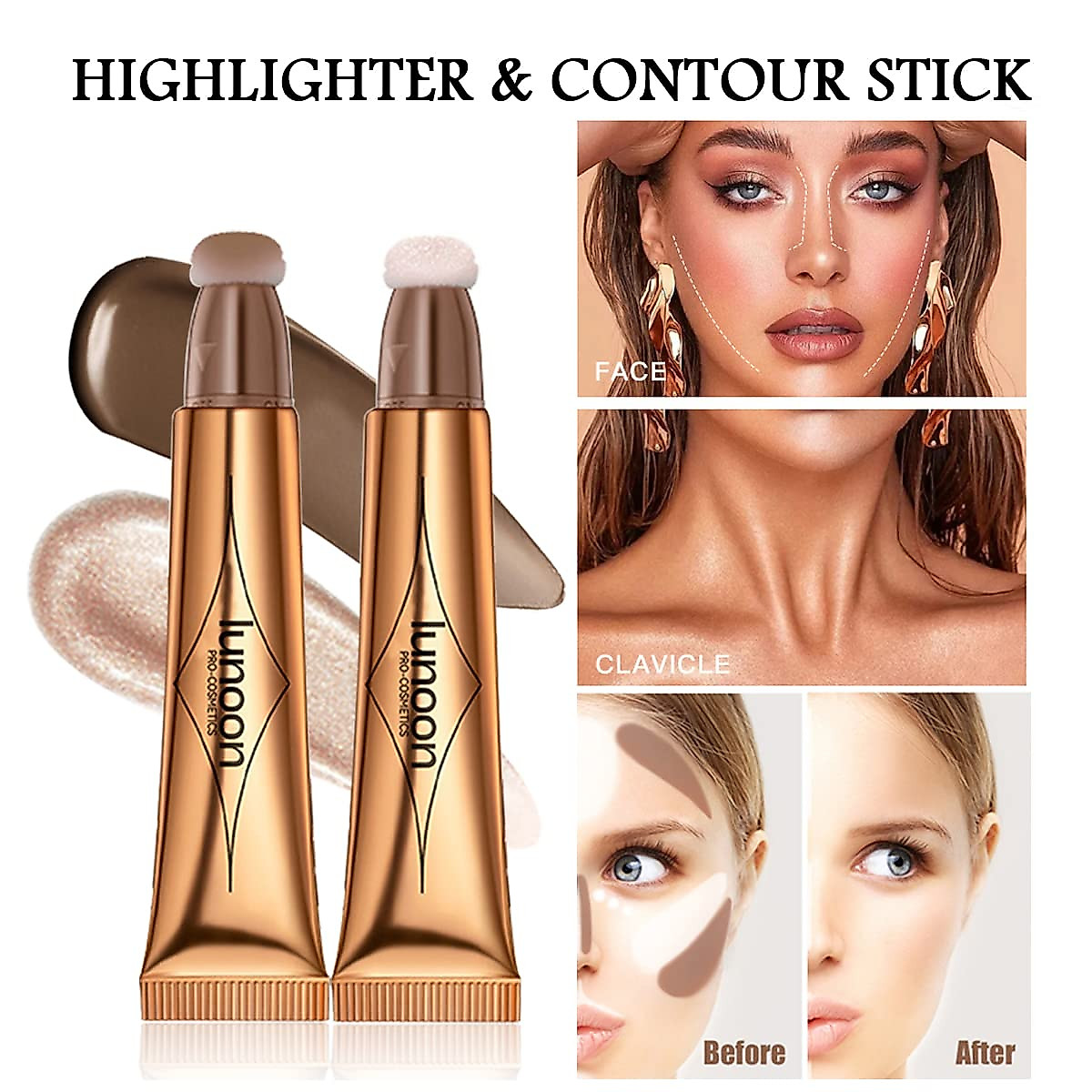 Aaiffey Cream Contour Beauty Wand,Highlighter Contour Blush With Cushion Applicator,Liquid Face Bronzer Makeup Wand Blendable Super Silky Cream Contour Stick Set Long Lasting Natural 3Pcs (Contour+Highlighter+Blush)