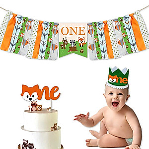 Woodland Animal 1st Birthday Decoration,Woodland Creatures High Chair Banner Baby First Birthday Crown Fox ONE Cake Toppers for Wild One Birthday Baby Shower Supplies
