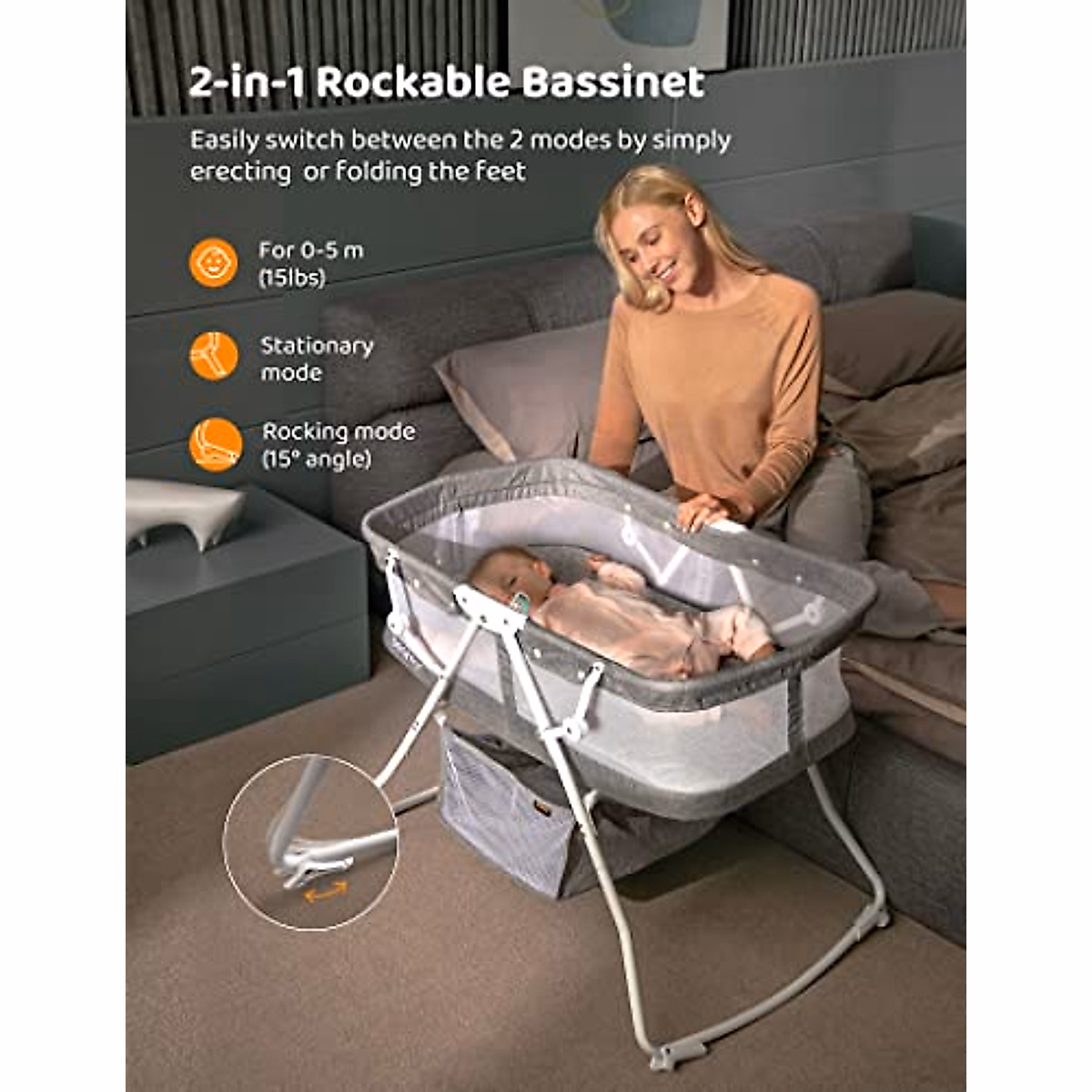 besrey Bassinet for Baby, 3 in 1 Portable Baby Bassinets, Rocking Cradle Bed, Easy Folding Bedside Sleeper Crib, Quick-Fold for Newborn Infant, up to 33 lb Compact Storage, Mattress and Net Included