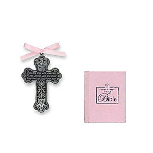 BABY GIRL's Gift Set - First Little Bible & CRIB CROSS - Bless This Child - BAPTISM Christening BOXED PINK Ribbon