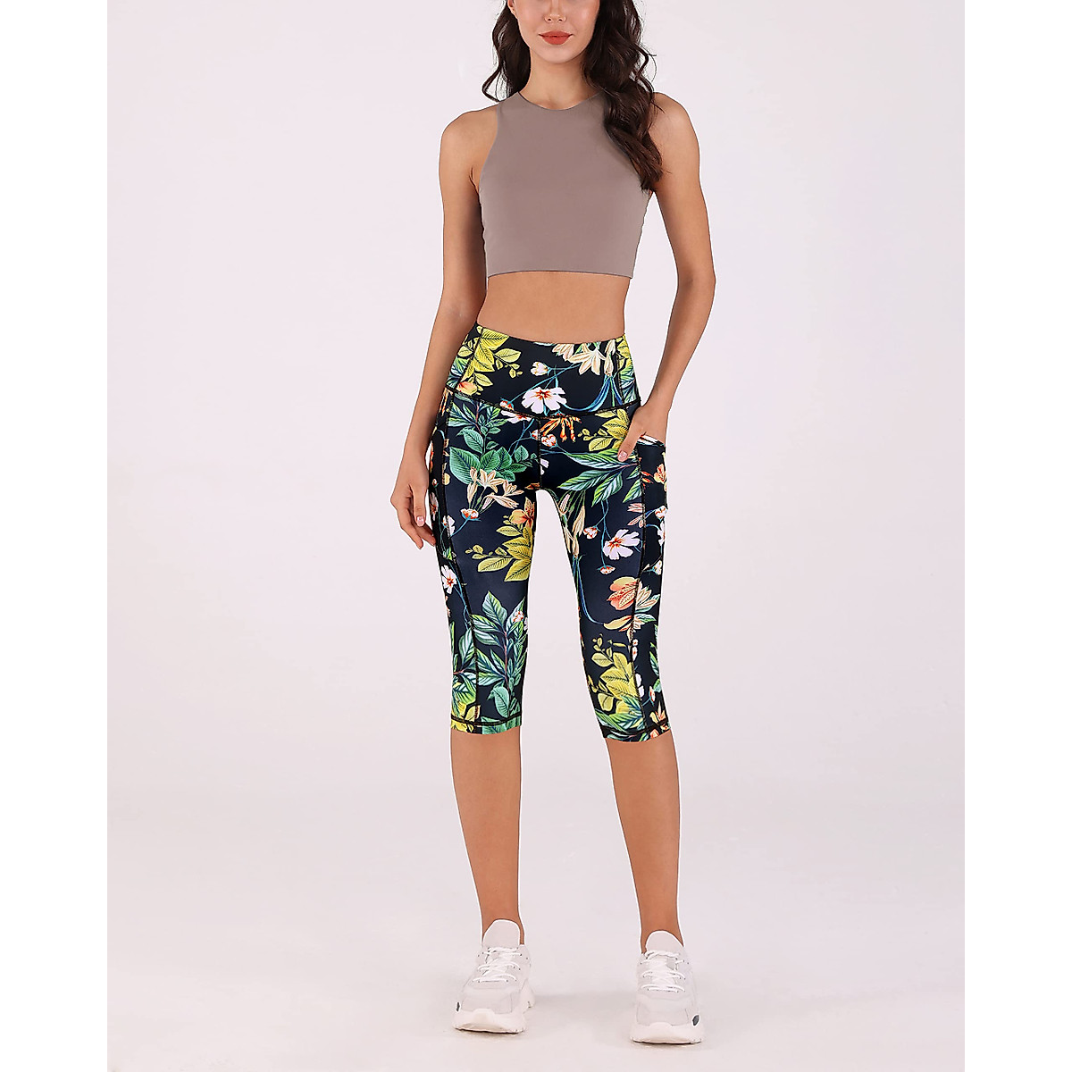 ODODOS Women's High Waisted Printed Yoga Capris with Pocket, Tummy Control Non See Through Workout Sports Running Athletic Capri Leggings, Tropical Flower, Large