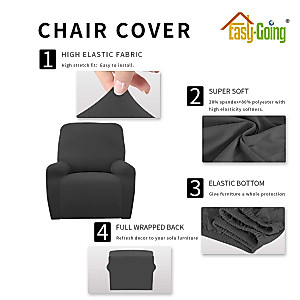 Easy-Going 4 Pieces Microfiber Stretch Recliner Slipcover – Spandex Soft Fitted Sofa Couch Cover, Washable Furniture Protector with Elastic Bottom for Kids, Pet(Recliner, Dark Gray)