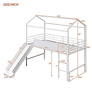 Twin Size House Loft Bed with Slide, Metal Bedframe w/Two-Sided writable Wooden Board,Kids Loft Bed Frame Built-in Ladder for Girls Boys Teens,No Need Spring Box,White