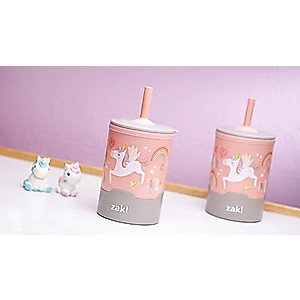 Zak Designs Unicorn Mighty Tot Kids Tumbler with Screw-On Lid and Silicone Straw, Durable and Spill-Proof with Tip-Proof Base is Easy to Lift, Perfect Baby Cup Bundle (10 oz, 2-Piece Set, Unicorn)