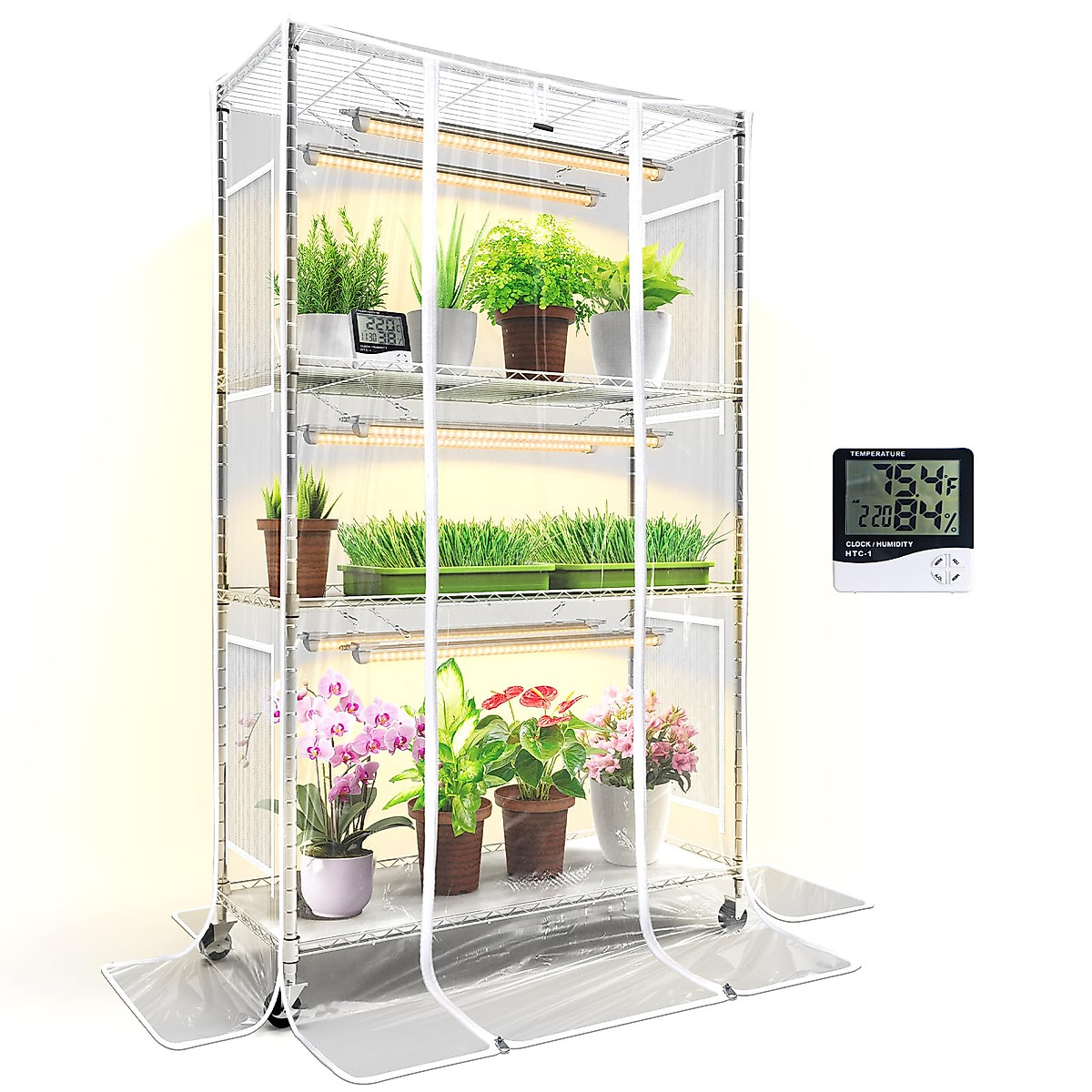 Monios-L Indoor Greenhouse with Grow Light and Shelf,Mini Greenhouse with 4-Tier Metal Plant Stand,Full Spectrum Growing Lamps with Clear Cover Tent for Seed Starter System,(35Lx14Wx61H)