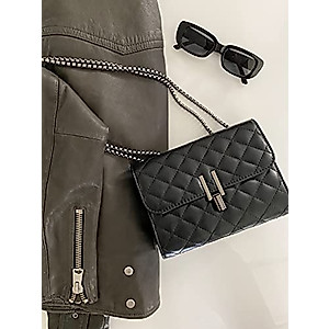 Small Quilted Crossbody Handbag or Shoulder Bag with Flap Purse with Chain Strap for Women (Black - Graphite Chain)