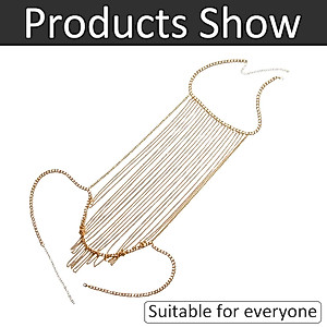 Golden Body Chain Vertical Layered Sexy Gold Tassels, Diamond Necklace Fashion Jewelry Belly Chest Bra Hot Bikini Beach Club Party Harness Birthday Anniversary Holiday Gifts for Women Ladies Girl