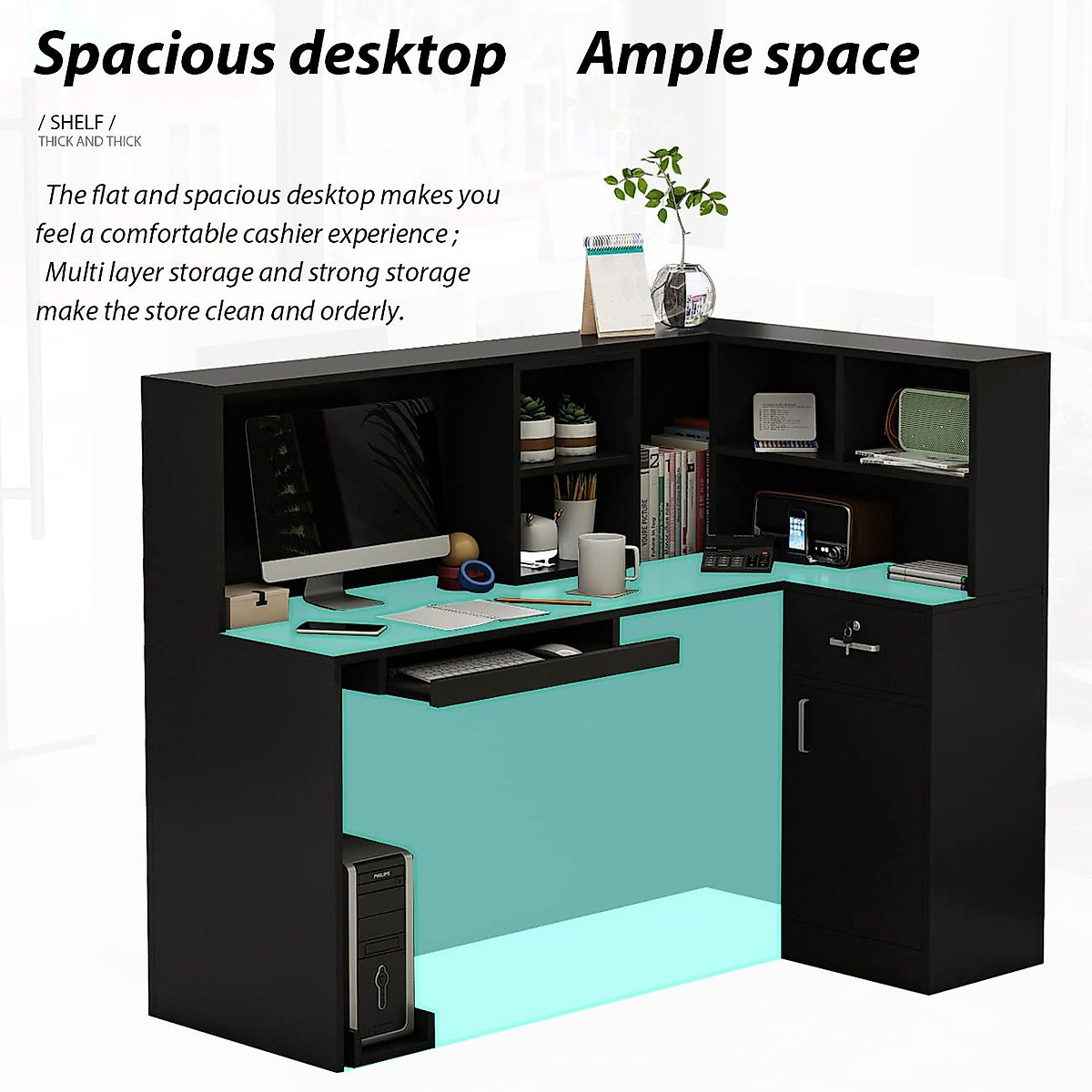 AGOTENI Reception Desk Reception Stations with Open Shelf & Drawers, L Shape Reception Table Wooden Computer Desk for Office Reception Room, Black