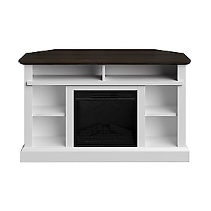 NORTHWEST Corner TV Stand with Electric Fireplace Fits 55-Inch TVs - Console with Storage Cabinet, Remote, Adjustable Heat, and LED Flames (White)