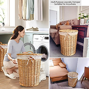 Winsterch Handwoven Laundry Hamper,Wicker Laundry Basket with Lid and Handles,Dirty Clothes Hamper Laundry Basket with Removable Liner Bag,Laundry Basket (Round)