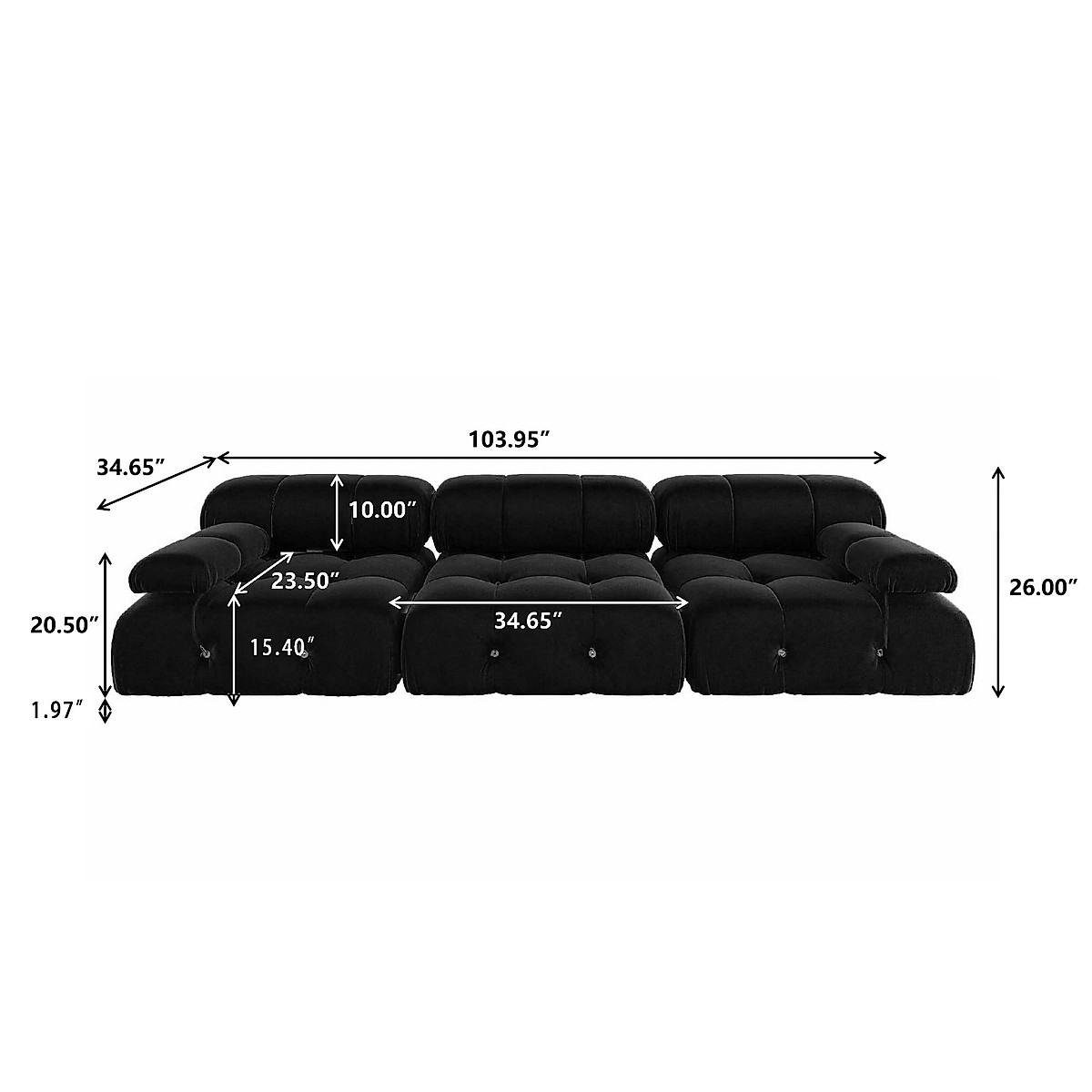 TIFLON Modular Sectional Sofa,Minimalist Velvet Sofas Couches, Modern Convertible Couch 3 Seats Living Room Sofa Sets for Office Apartment,104"(Black)