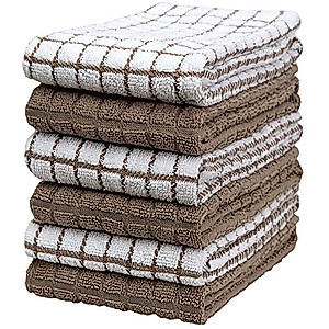 Kitchen Towels 16"x 28" | Dish Towels | Kitchen Hand Towels | Large Dishcloths Set | Highly Absorbent Tea Towel, Soft with Hanging Loop | Natural Ring Spun Cotton, 380 GSM | Tan Check Design - 6 Pack