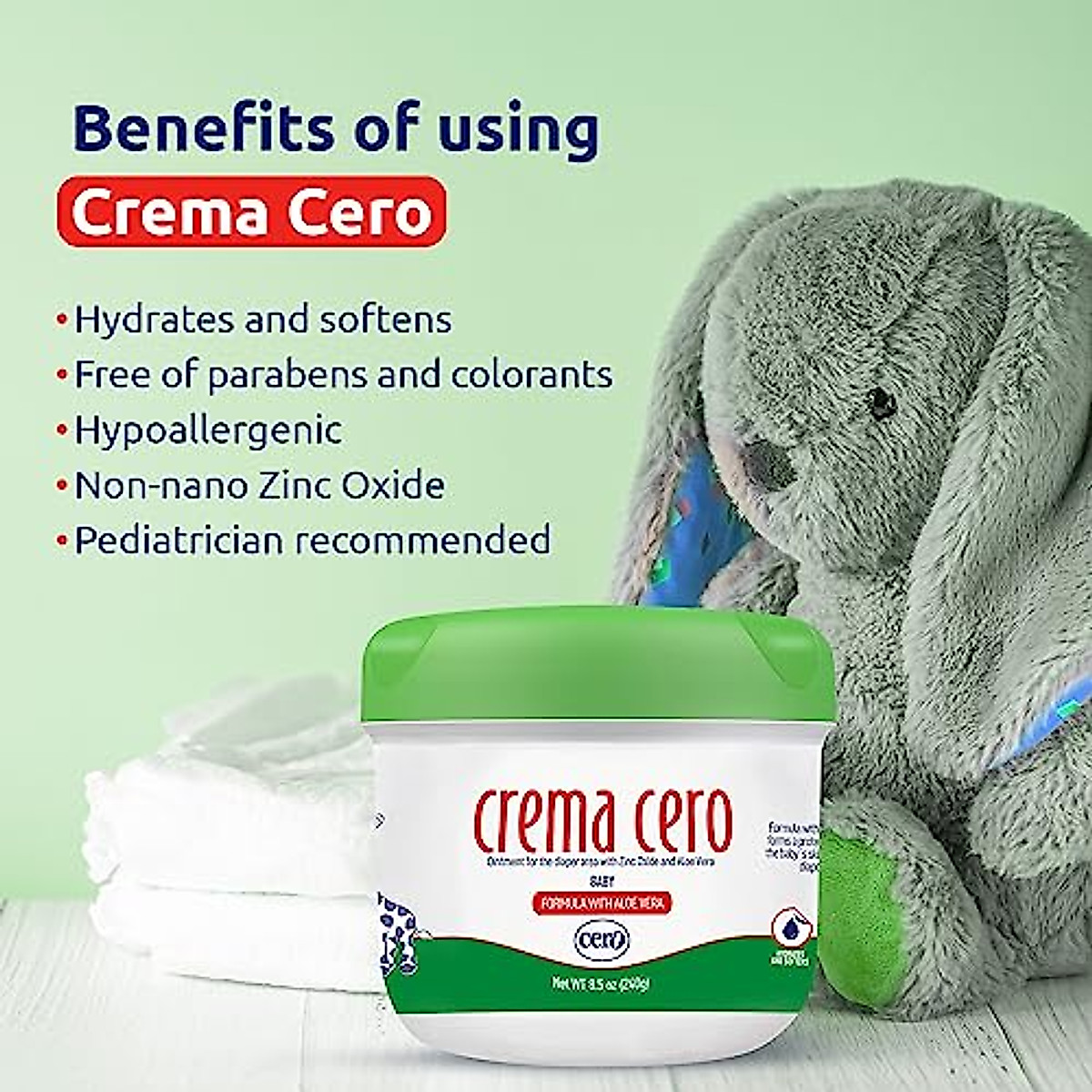 Crema Cero Diaper Rash Cream for Baby with Zinc Oxide and Aloe Vera – High-Strength Diaper Cream for Quick Relief and Protection – Hydrating and Soothing Baby Balm – Aloe Vera 8.5oz