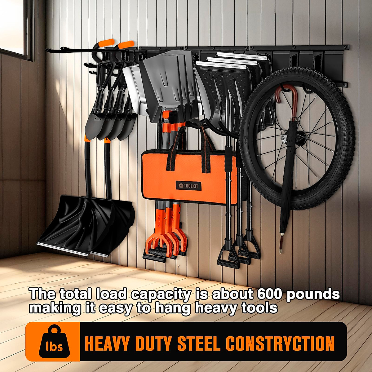 Tool Storage Rack - Garage Tool Organizer Wall Mount, 13Pcs Heavy Duty Garden Tool Organizer with 4 Rails & 9 Hooks for Garage Garden Shed Yard, 64in Adjustable Garage Storage Rack, Max Load 600 Lb