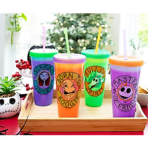 Disney The Nightmare Before Christmas Townsfolk Color-Changing Plastic Tumbler Cups, Set of 4 | Include Reusable Straw and Leak-Resistant Lid