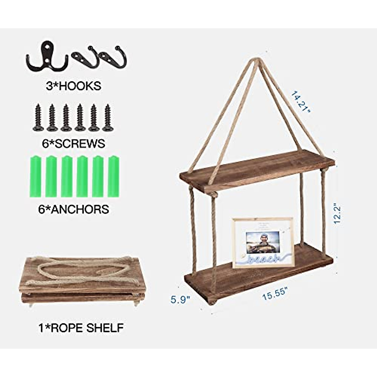 Doledecor Rope Floating Shelves，Hanging Wall Shelves, Woven Hanger, 2 Tier Rope Floating Shelf ,Rustic Wood Finish . for Living 2tiers