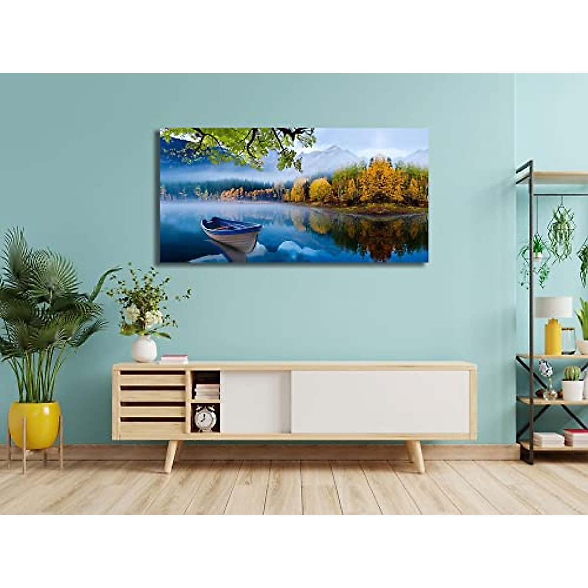 Arjun Lake Canvas Wall Art Blue Mountain Sky Nature Landscape Boat Picture Artwork Modern Spring Painting Framed Large for Living Room Bedroom Bathroom Dinning Room Home Office Wall Decor, 40"x20"