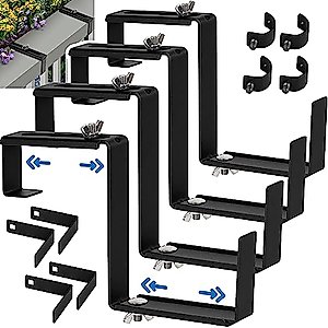 Vinazone Window Box Bracket, Adjustable Planter Box Bracket, Flower Box Bracket for Railing, No Drill Flower Box Holder, Railing Planter Bracket, Planter Box Bracket for Deck Railing - 4Pack - Black