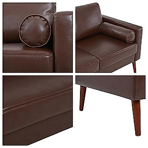 Pabby Yard PU Leather Sectional Sofa 3 Seat Comfy Couches Soft Cushion Sofa with Wooden Legs and 2 Pillows, Mid-Century Modern Sofa Classic Small Spaces Couches Living Room Furniture, Brown