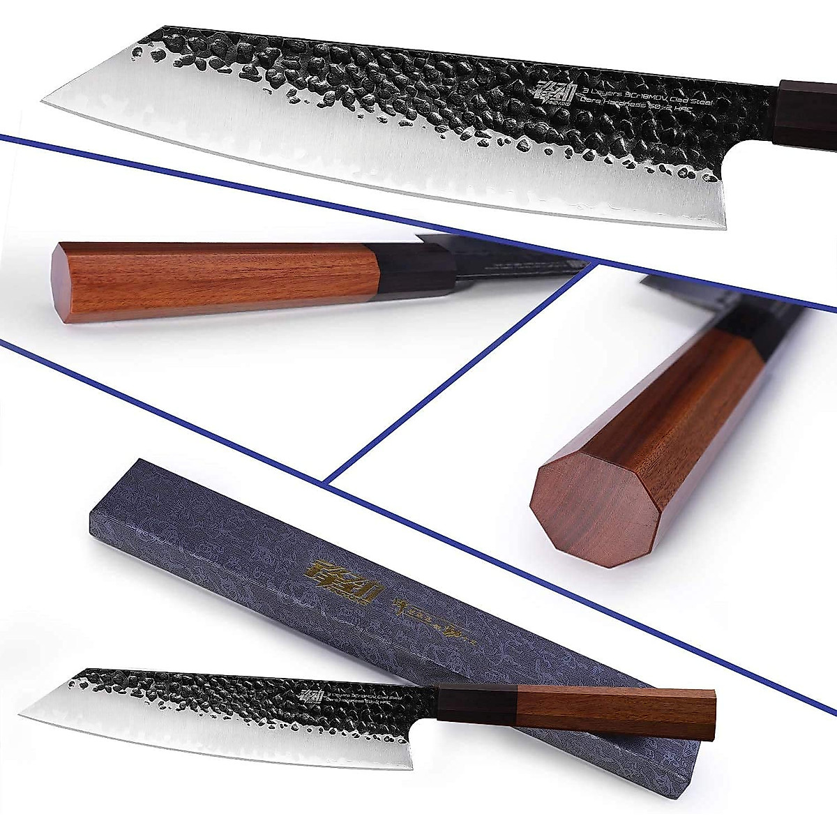 FINDKING Dynasty Series 5” Utility Knife, 7” Santoku Knife, 8” Chef Knife, 9” Kiritsuke Knife, 4pcs Clad Steel Octagonal Handle Kitchen Knives Set