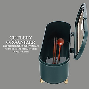 Hemoton Kitchen Utensil Holder Flatware Tray with Lids Plastic Cutlery Storage Box Kitchen Cutlery Utensil Drawer Organizer with Cover Silverware Countertop Storage Containers (Green)