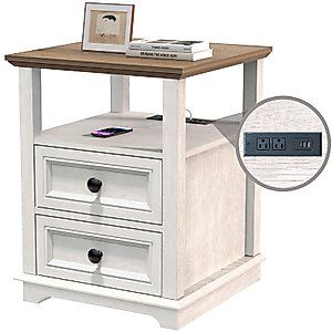 REDAYFUR End Table with Fast USB C Charging Station, 24” Tall Sofa Side Table with 2 Drawers, Large Storage Rustic Wood Square Storage Cabinet for Living Room,Bedroom,Office, White
