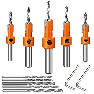 ASNOMY 10Pcs Wood Countersink Drill Bit Set, 5Pcs Countersink Drill Bit with 5Pcs Extra Pilot Drill bit, Tapered Drill Bits with 5/16" Round Shank, Counter Sinker Drill Bit Set for Woodworking
