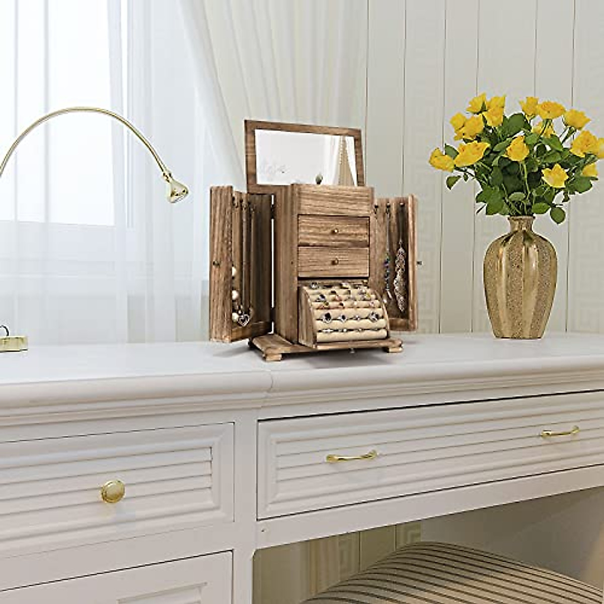 Emfogo Jewelry Box for Women, Rustic Wooden Jewelry Boxes & Organizers with Mirror, 4 Layer Jewelry Organizer Box Display for Rings Earrings Necklaces Bracelets (Rustic Brown)