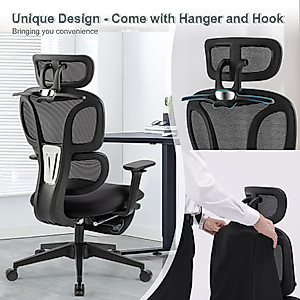 Ergonomic Office Chair with Foot Rest, Coat Hanger, High Back Mesh Computer Chair with Lumbar Support, High Resilience Sponge Seat, Comfy Reclining Home Office Desk Chair, Black